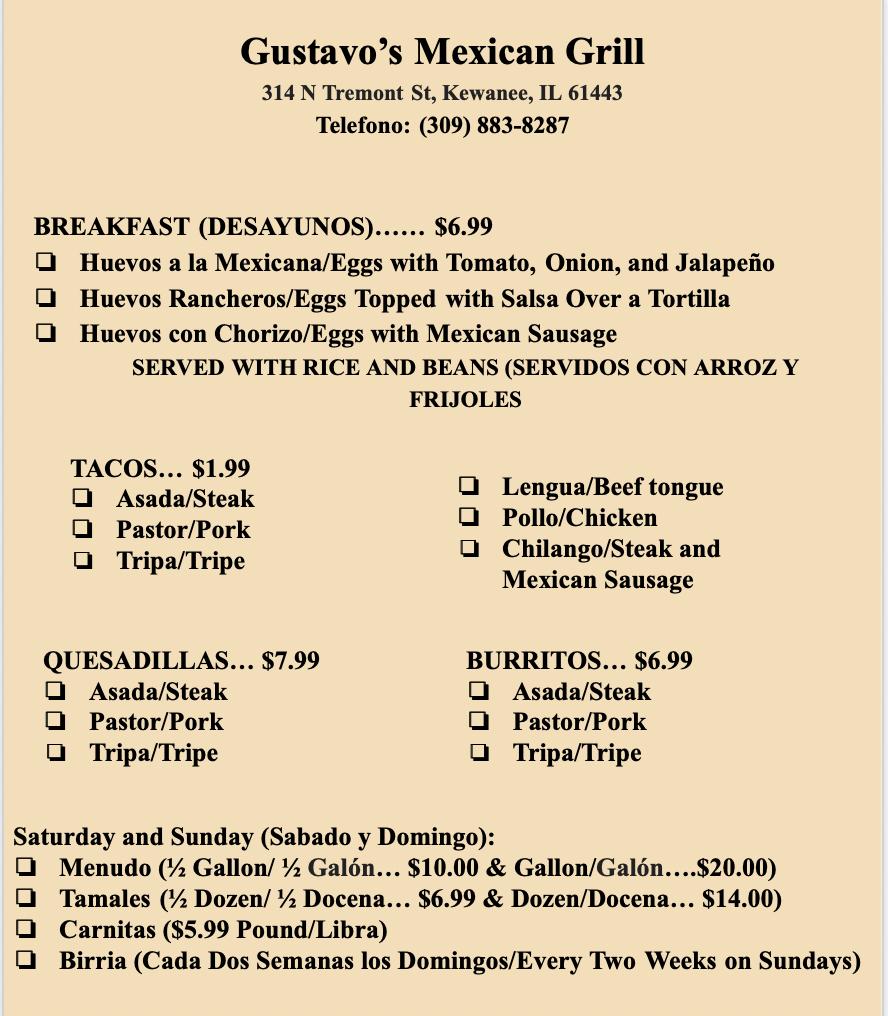 Menu at Gustavo's Mexican Grill restaurant, Kewanee