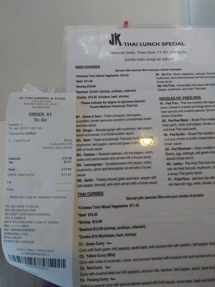 Menu at Jk Thai & Sushi restaurant, Mount Dora