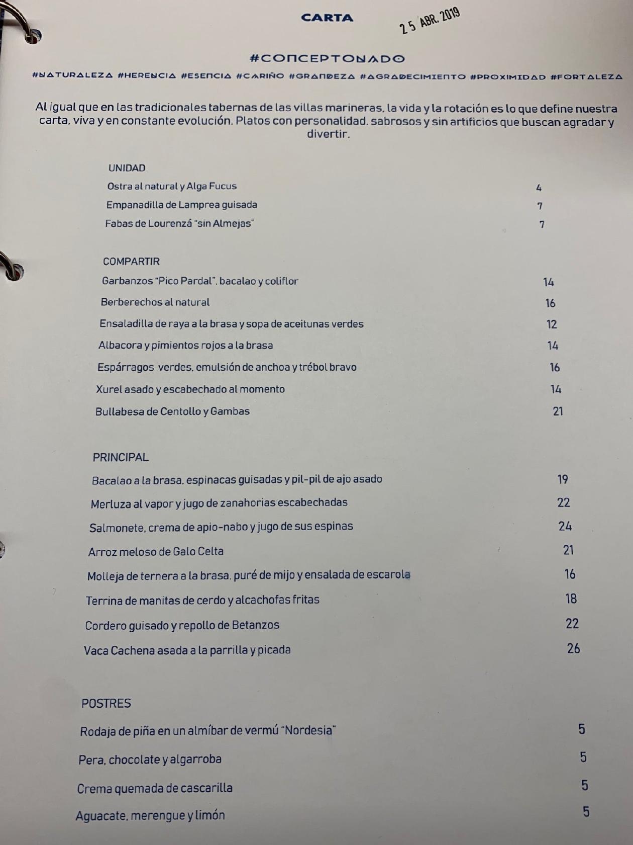 Carta del restaurante NaDo, La Coruña