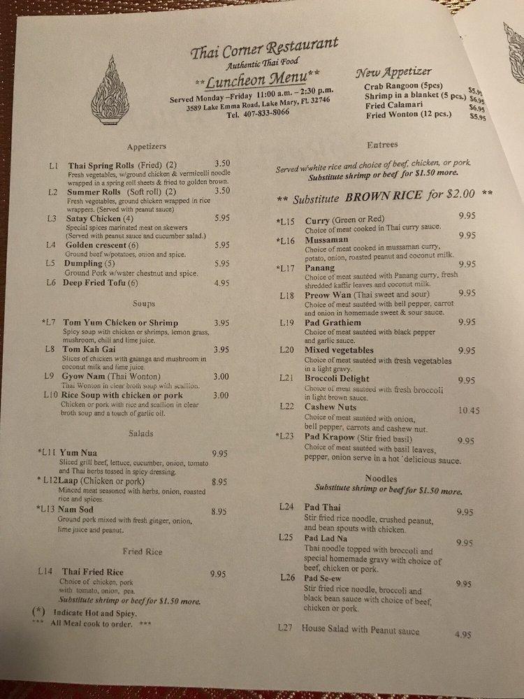 Menu at Thai Corner restaurant, Lake Mary