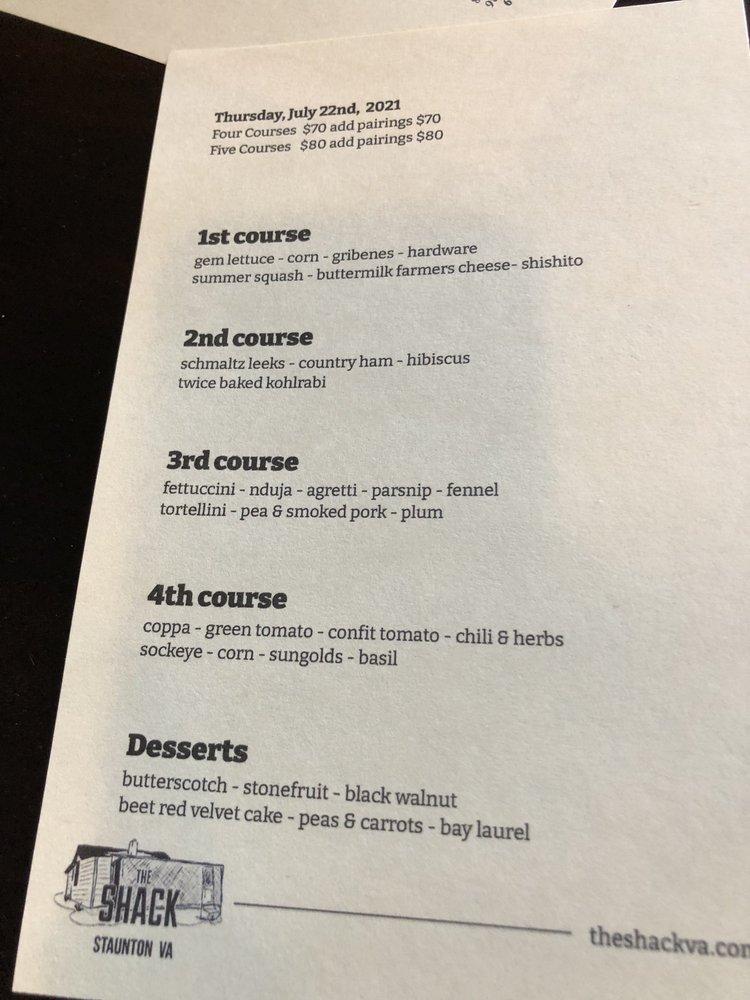 Menu at The Shack restaurant, Staunton
