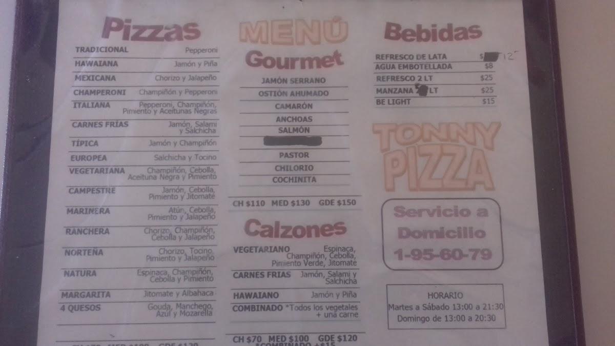 Menu at Tony Pizza restaurant, Mexico