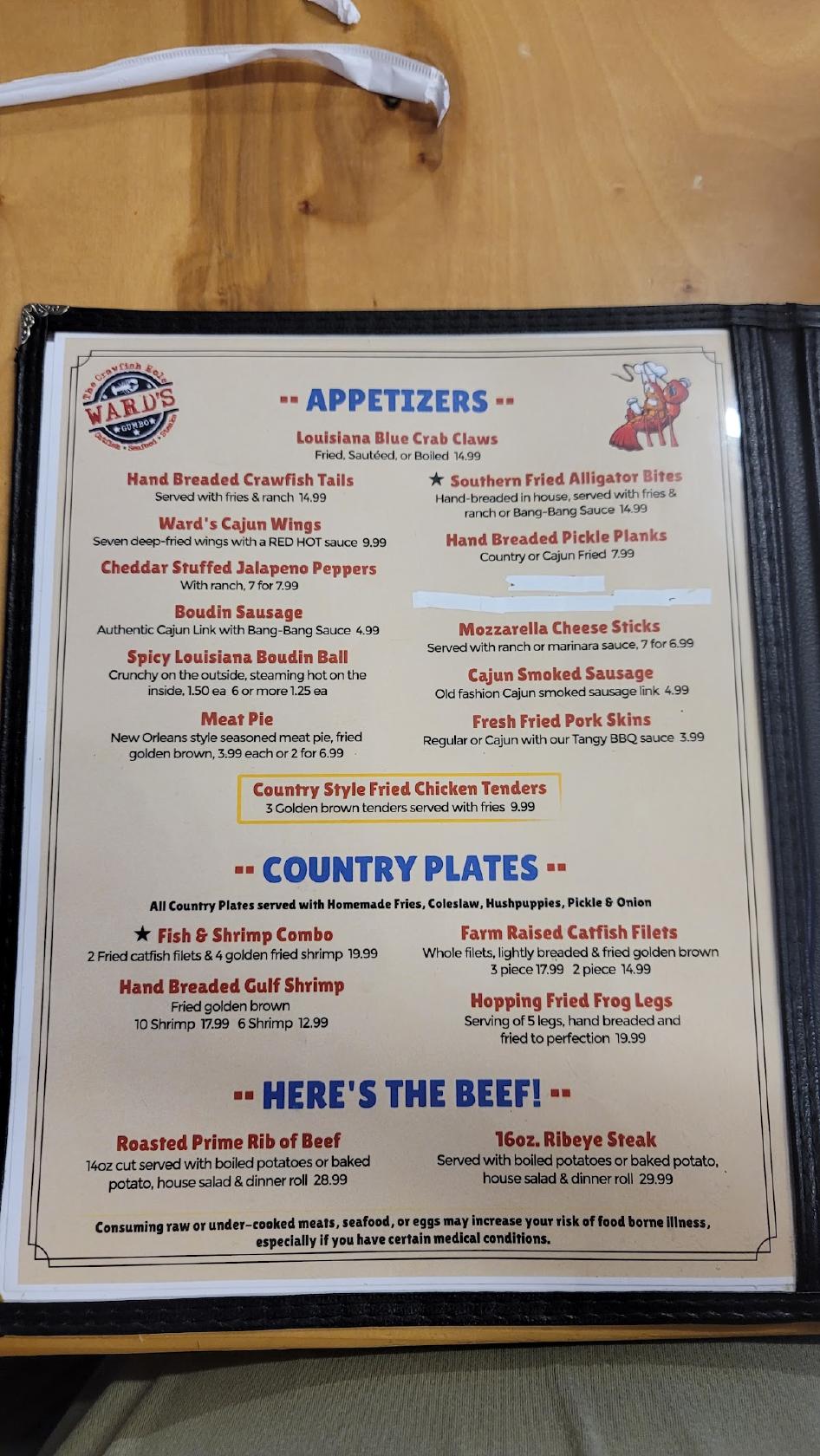 Menu at Wards Crawfish Hole pizzeria, Hot Springs