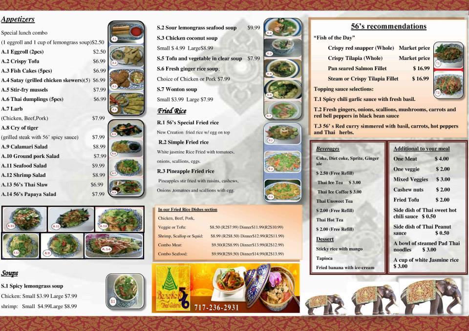Menu at Bangkok 56 restaurant, Harrisburg