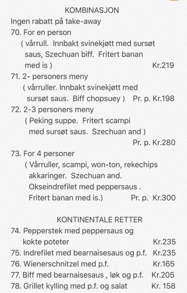 Menu at Chang Ching House restaurant, Kongsvinger