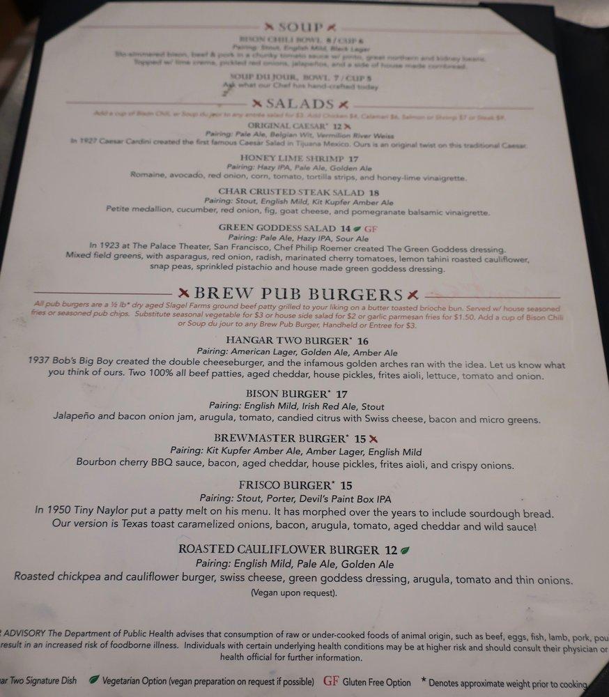 Menu at Hangar Two By Tangled Roots Brewing Company pub & bar, Glenview