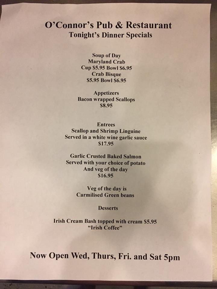 Menu at O'Connors Pub & Restaurant, Chestertown