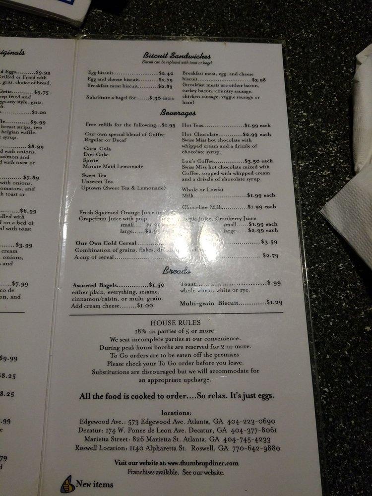 Menu at Thumbs Up Diner restaurant, East Point, White Way