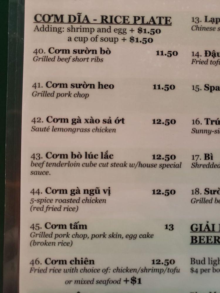 Menu at Billiard Hoang restaurant, Seattle