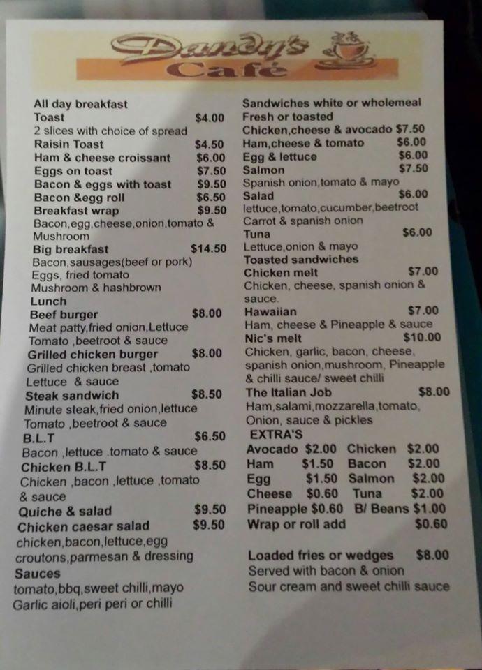 Menu at Dandy's Cafe, Brownsville