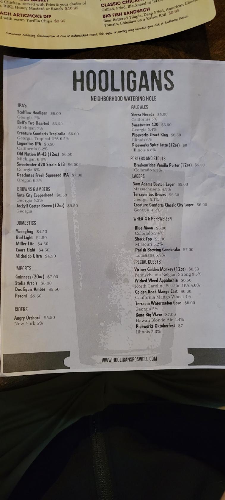Menu at Hooligans Tavern pub & bar, Roswell