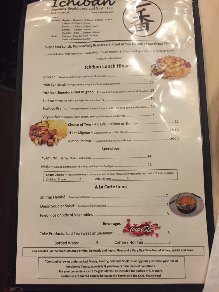 Menu at Ichiban Japanese Steakhouse Sushi Bar, Rocky Mount