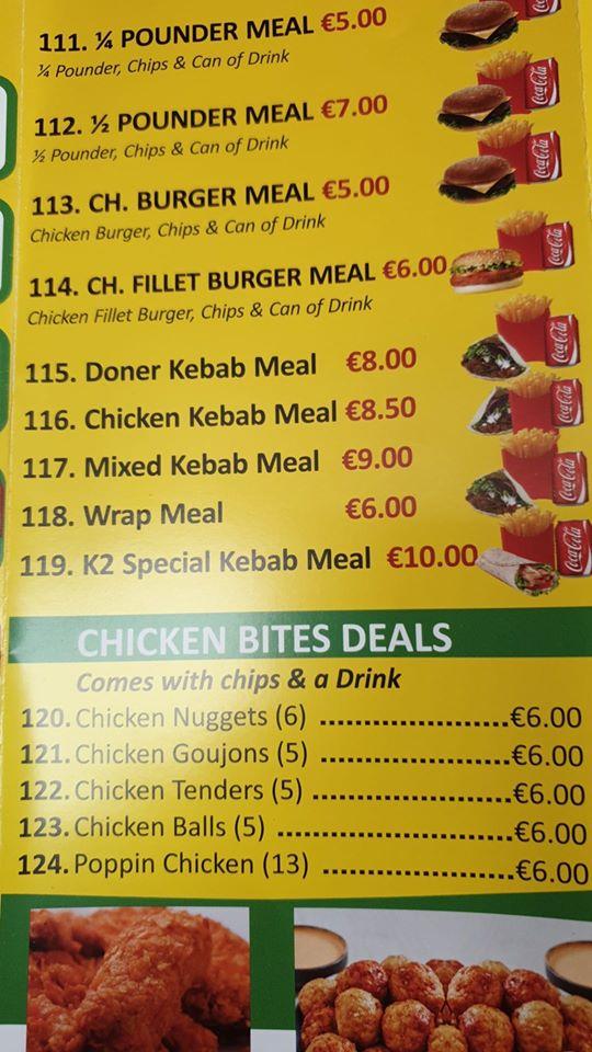 Menu at K2 Kebab pizzeria, Letterkenny