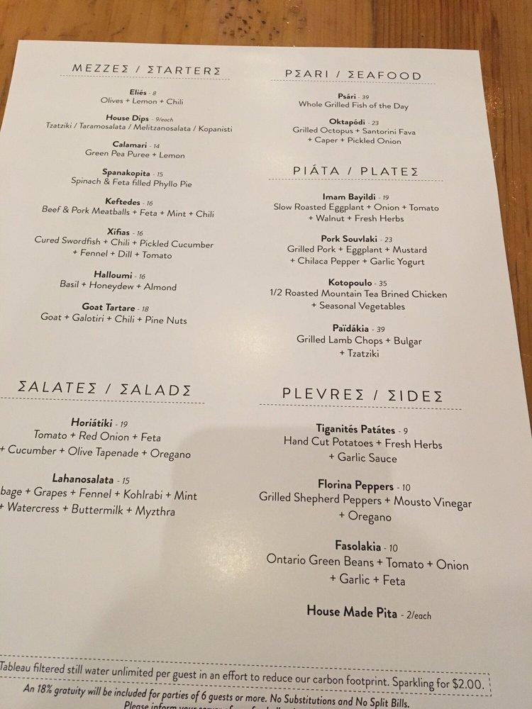 Menu at Mamakas Taverna restaurant, Toronto