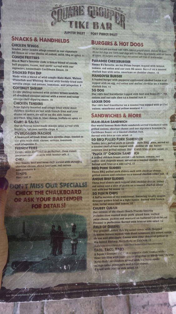 Menu at Square Grouper Tiki Bar Jupiter Inlet, Jupiter