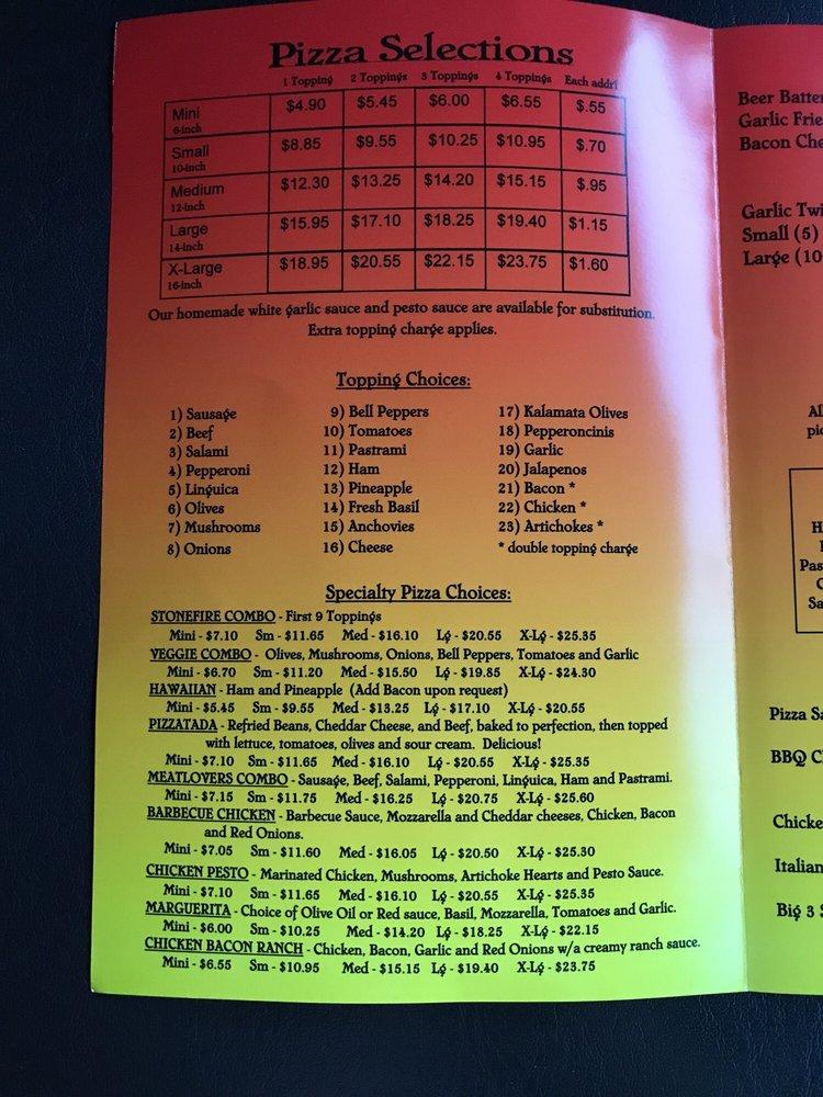 Menu at Stonefire Pizza pizzeria, Lakeport