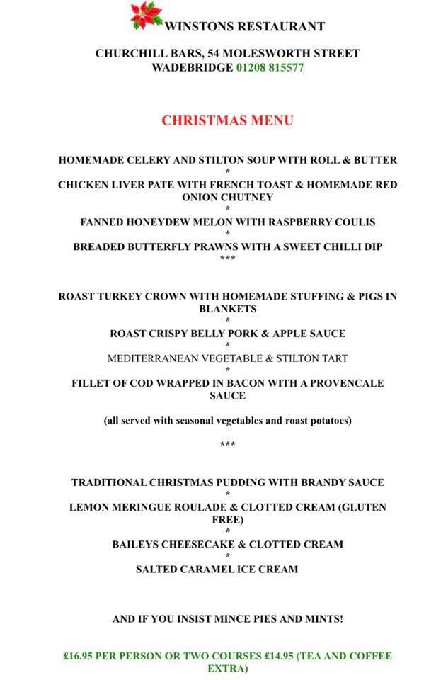 Menu at Winstons restaurant, Wadebridge