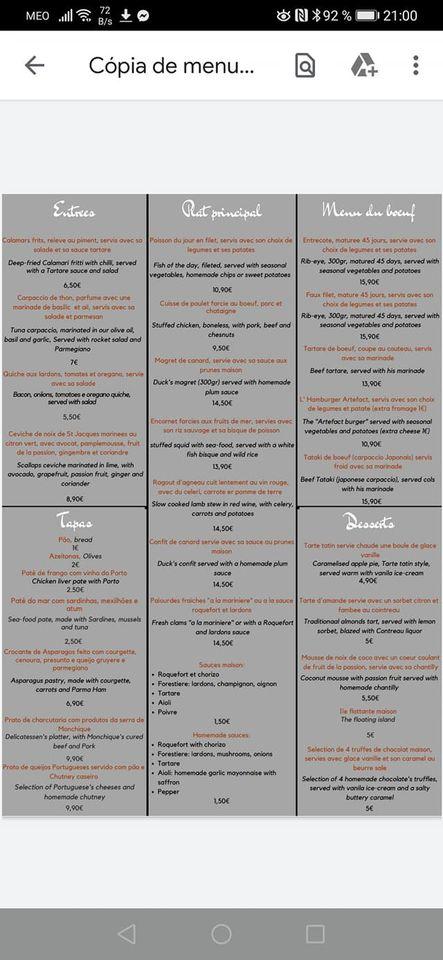 Menu at Artefact pub & bar, Tavira
