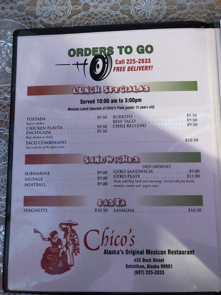 Menu at Chico's Mexican Restaurant, Ketchikan