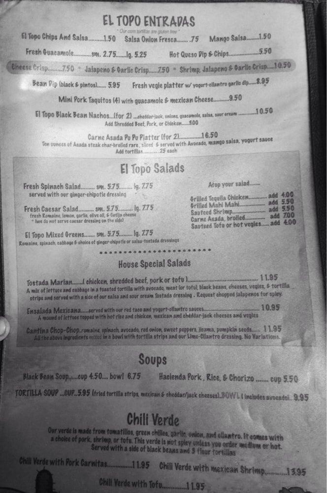 Menu at El Topo Cantina restaurant, Bigfork, Montana Hwy 35