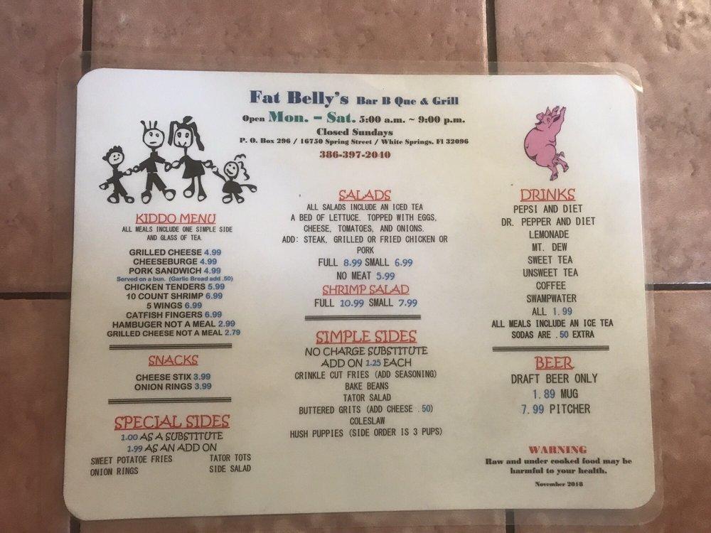 Menu at Fat Belly's BBQ, White Springs