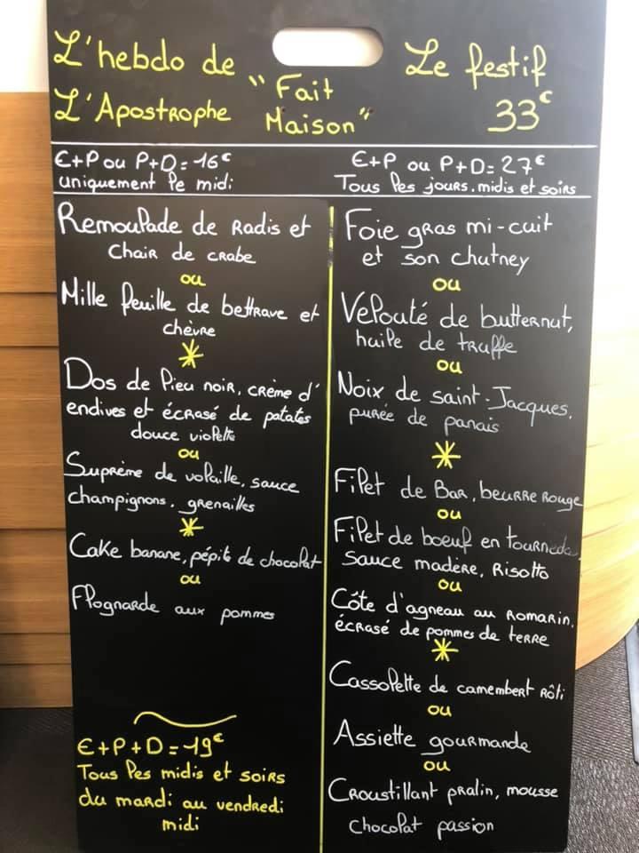 Menu au Apostrophe restaurant, Sucé-sur-Erdre