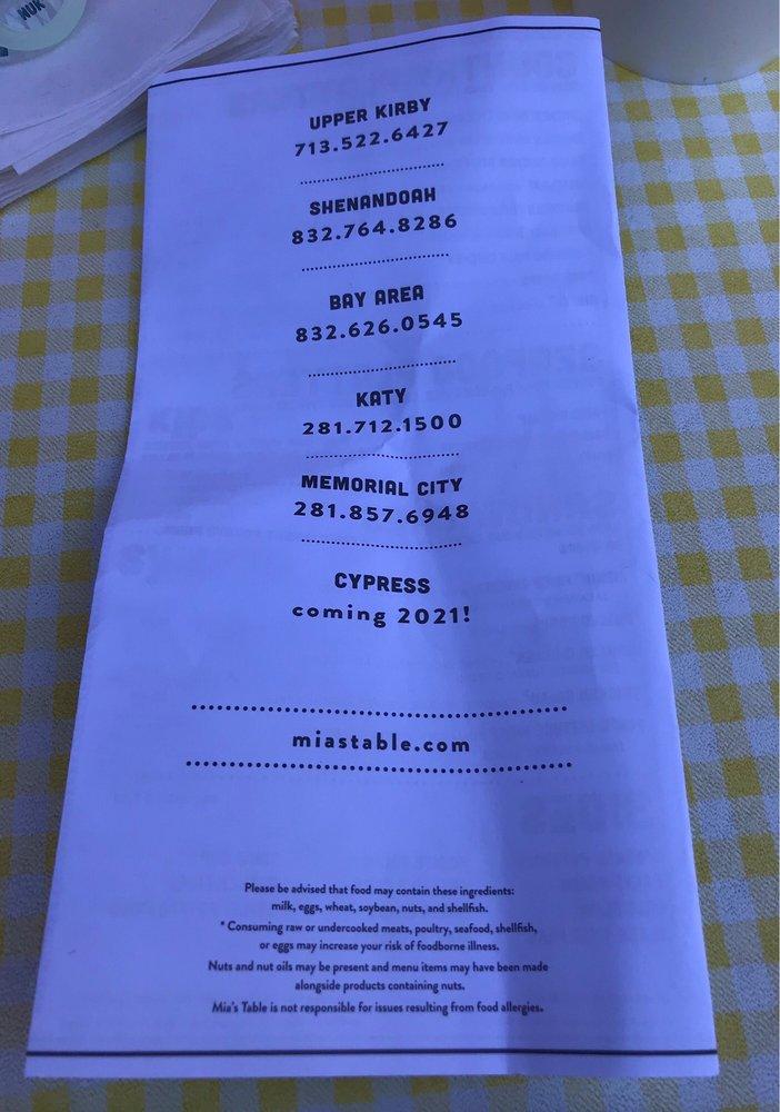 Menu at Mia's Table restaurant, Houston, Argonne St