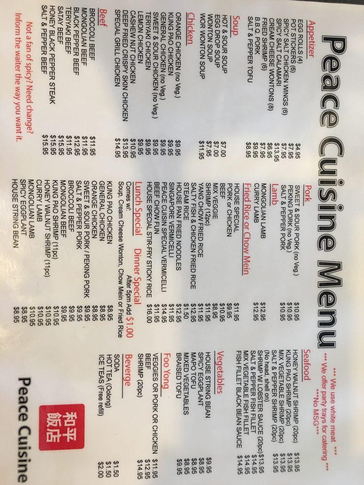 Menu at Peace Cuisine restaurant, West Sacramento