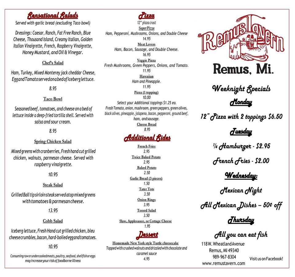Menu at Remus Tavern pub & bar, Remus