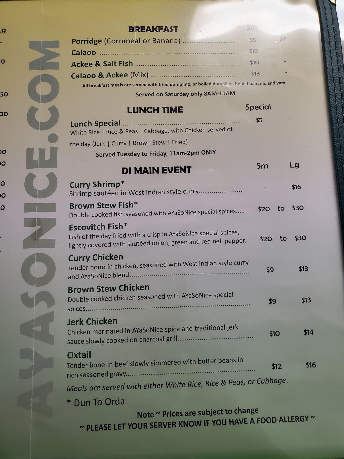 Menu at A Ya So Nice: Authentic Jamaican Food restaurant, New Castle