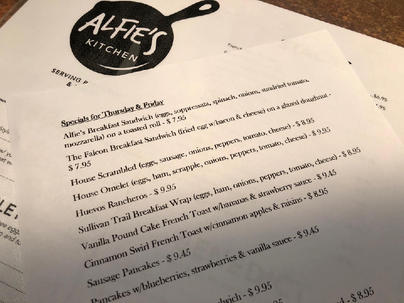 Menu at Alfie's Kitchen restaurant, Easton, Sullivan Trail