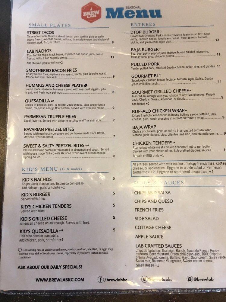 Menu at Brew Lab pub & bar, Overland Park