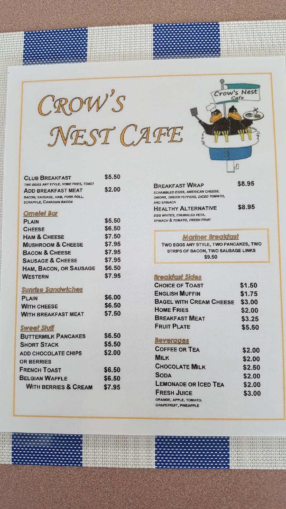 Menu at Crow's Nest Cafe, West Wildwood