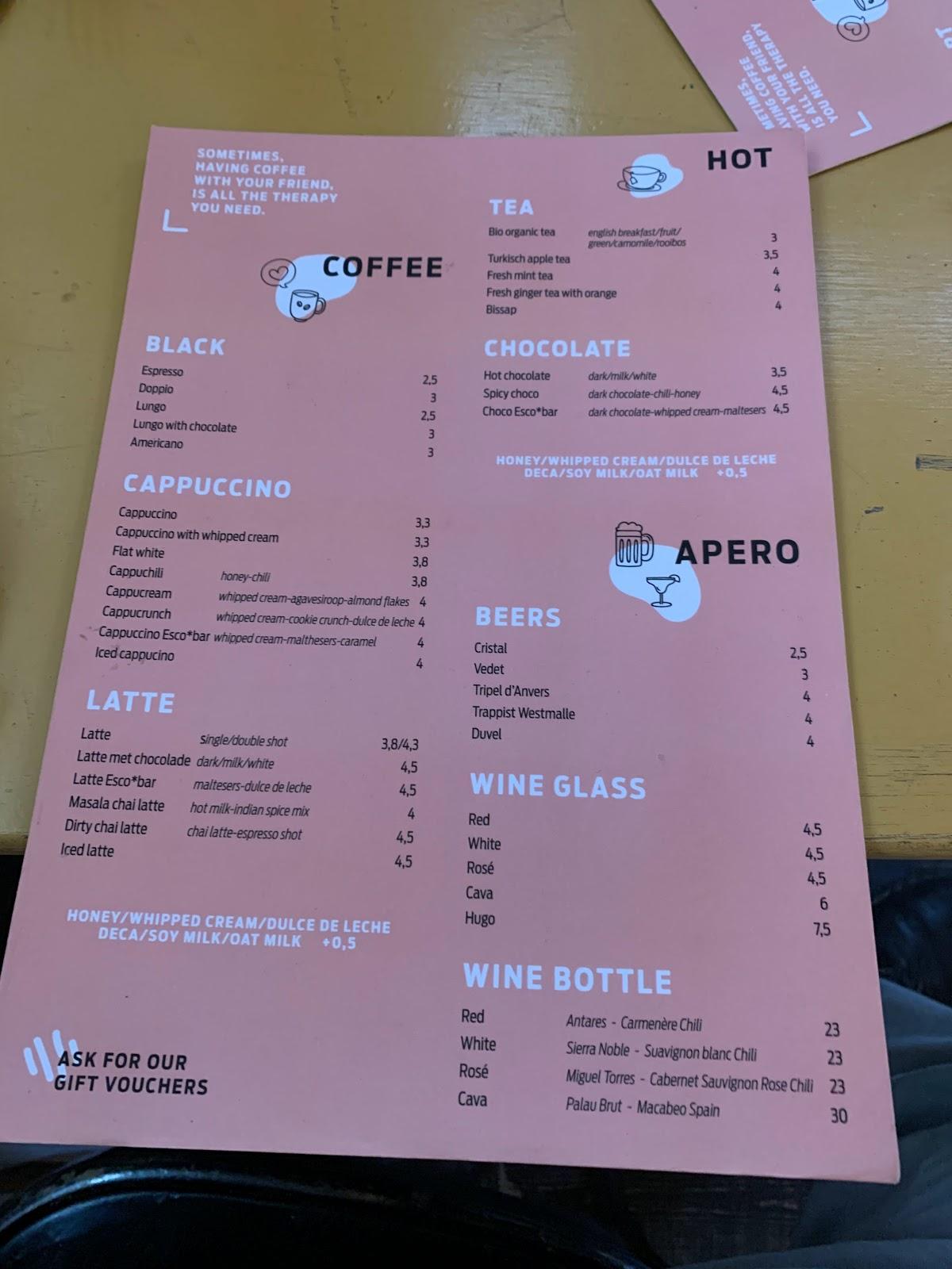 Menu at Esco*bar, Antwerp