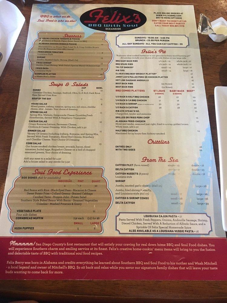 Menu at Felix's BBQ with Soul, Oceanside, Ocean Ranch Blvd