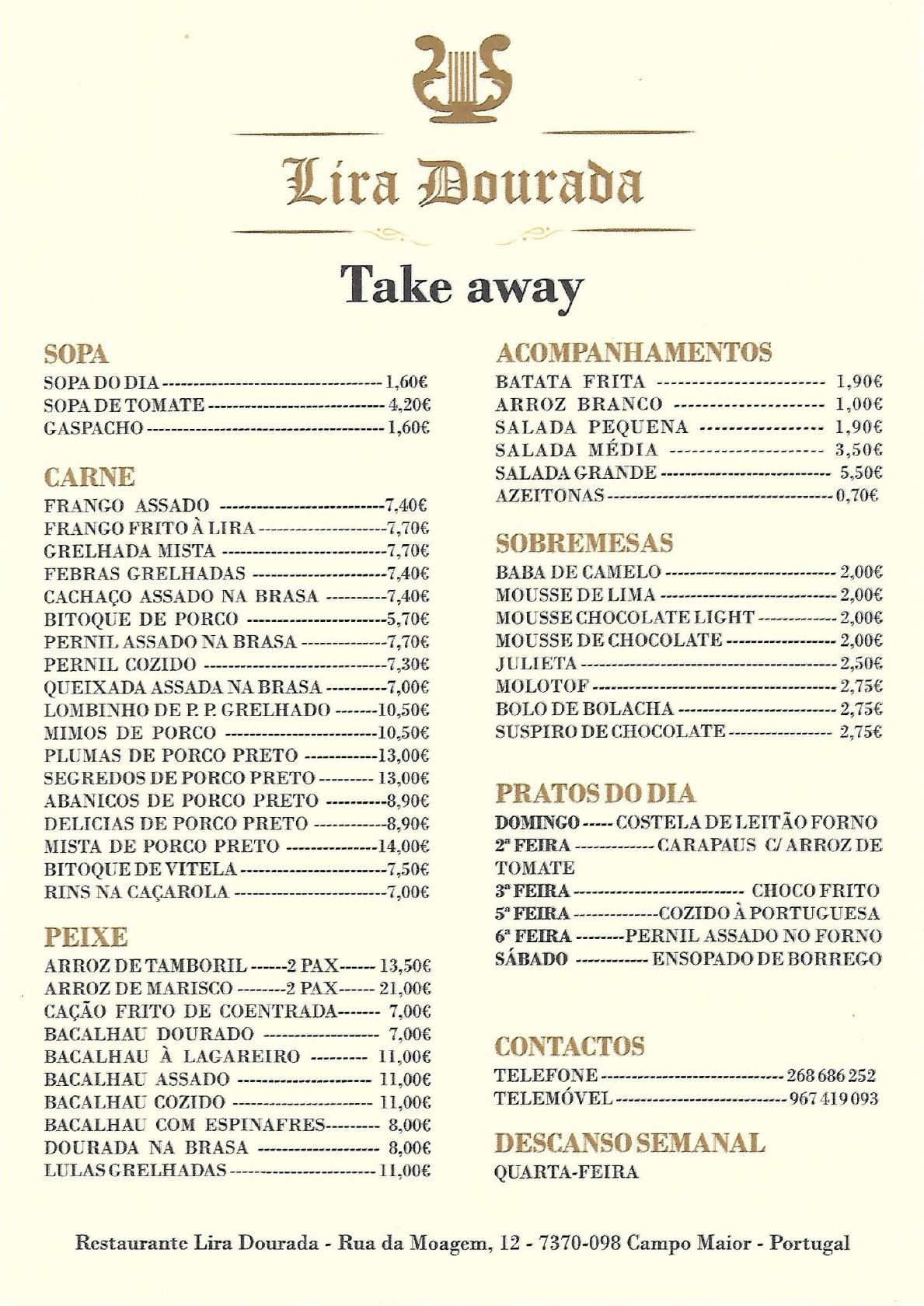 Menu em A Lira Dourada Hotelaria e Restauração, Lda restaurante, Campo ...