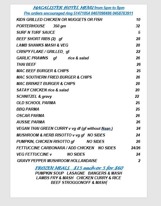 Menu at Macalister Hotel pub & bar, Maffra