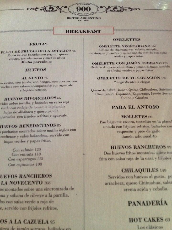 Menu at NOVECENTO 900 restaurant, Mexico City, Av. Emilio Castelar 163