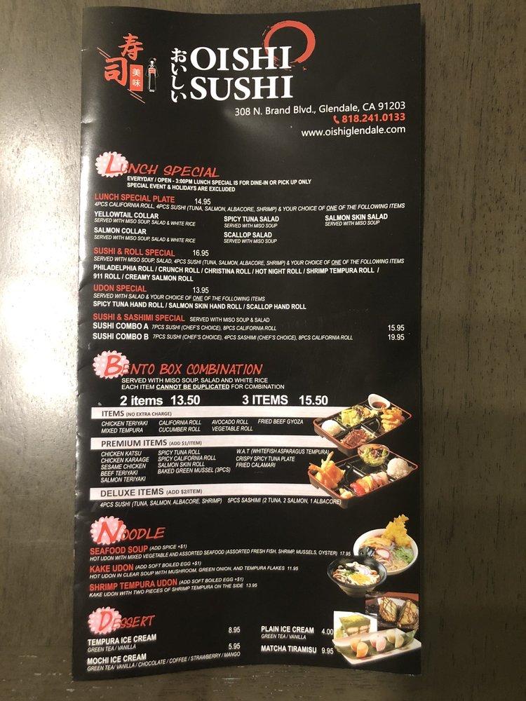 Menu at Oishi Sushi restaurant, Glendale