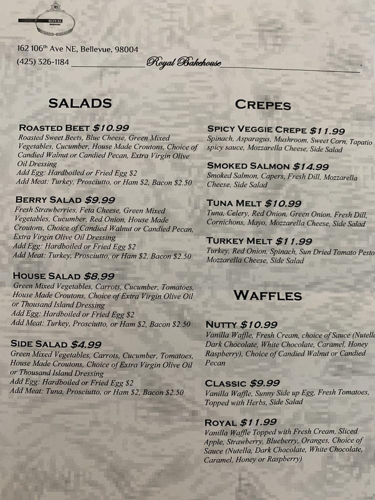 Carta del restaurante Royal Bakehouse, Bellevue
