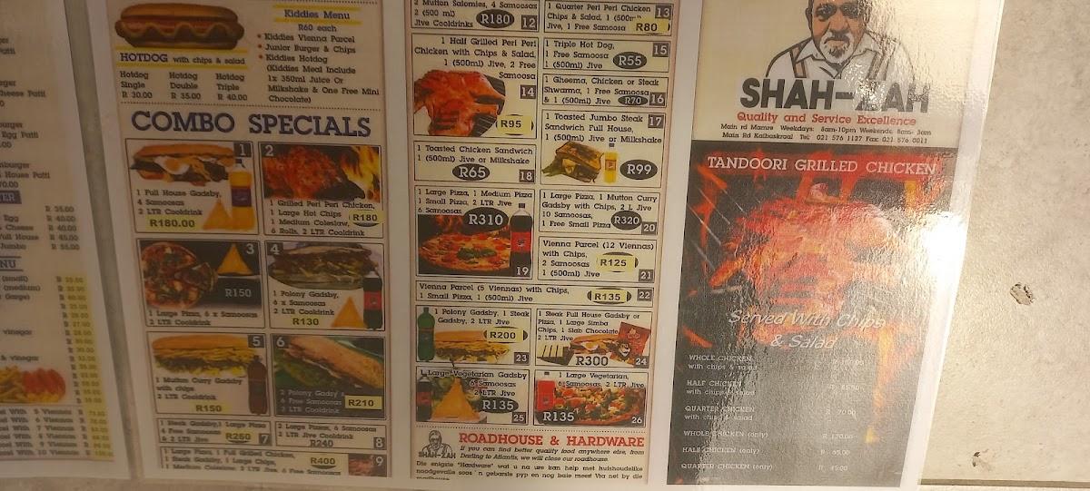 Menu at Shah-Zah restaurant, Cape Town