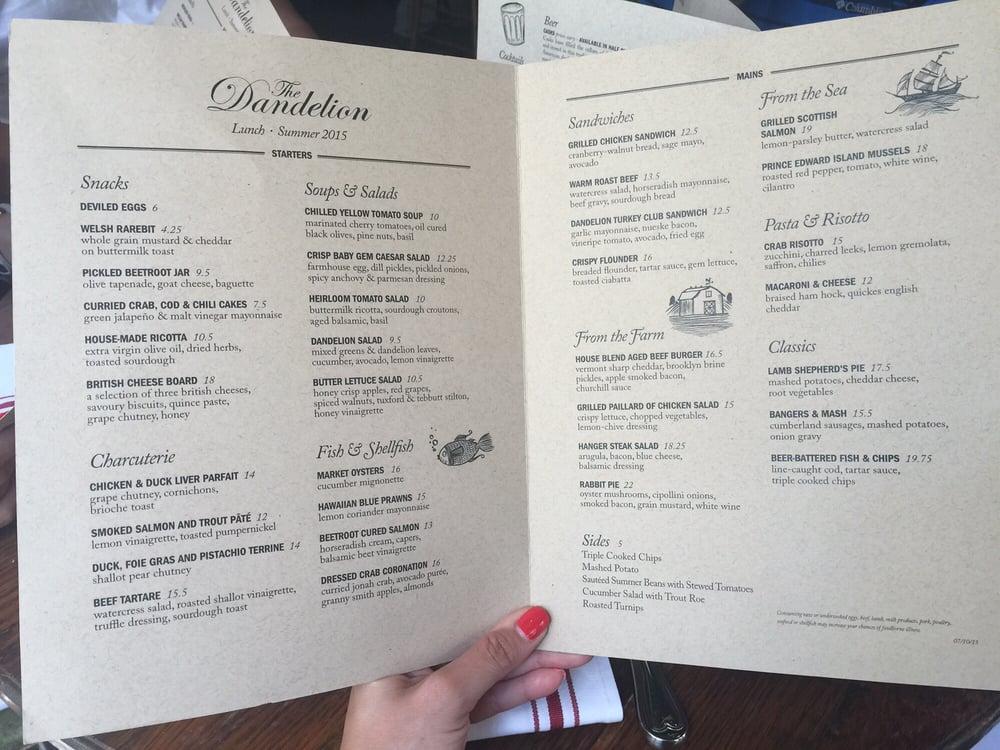 Menu at The Dandelion restaurant, Philadelphia