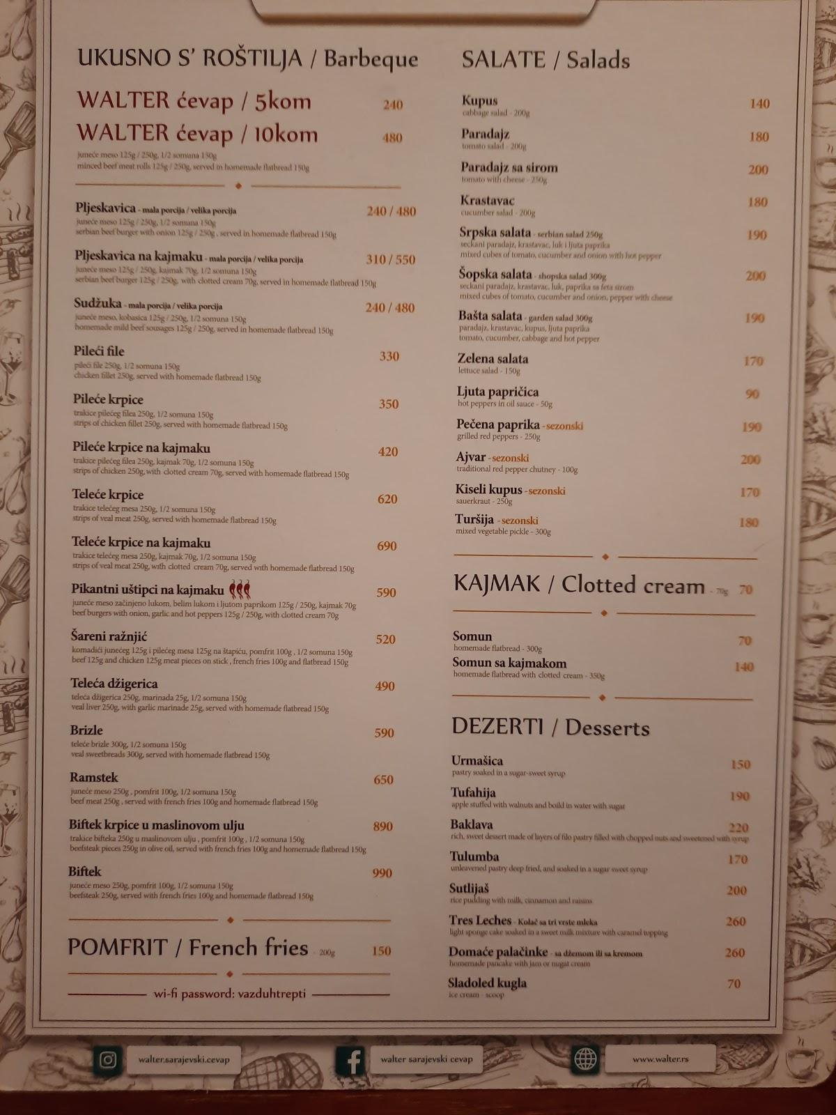 Carta del restaurante Walter cevapi, Pancevo