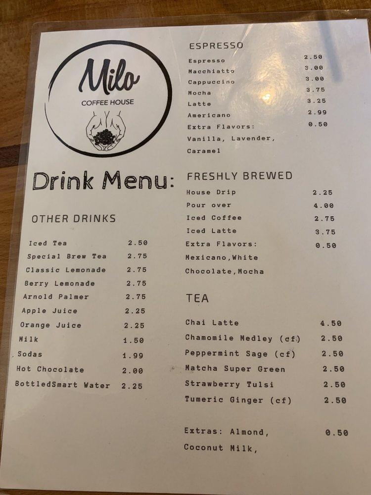 Menu at Milo Coffee House, Portland