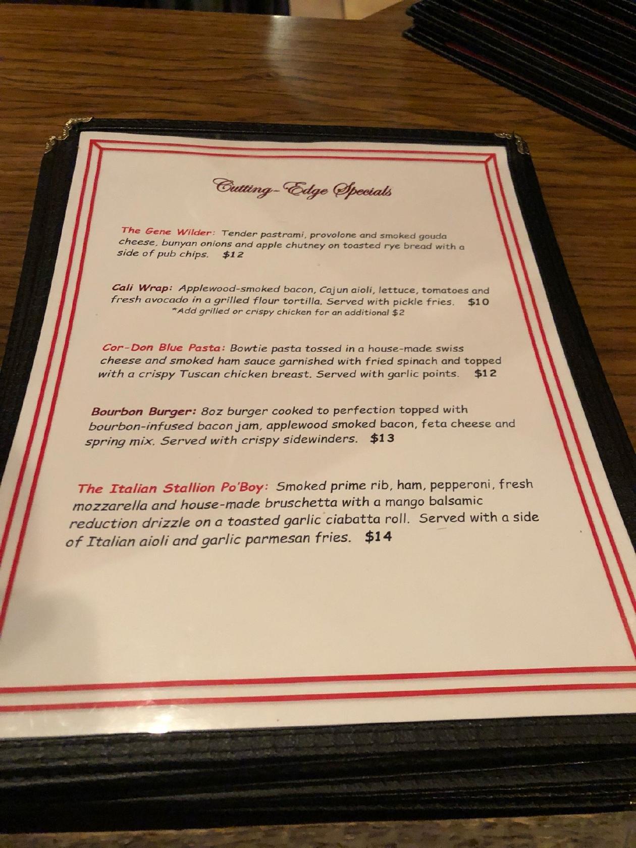Menu at Wilder's Cutting Edge Bistro pub & bar, Appleton