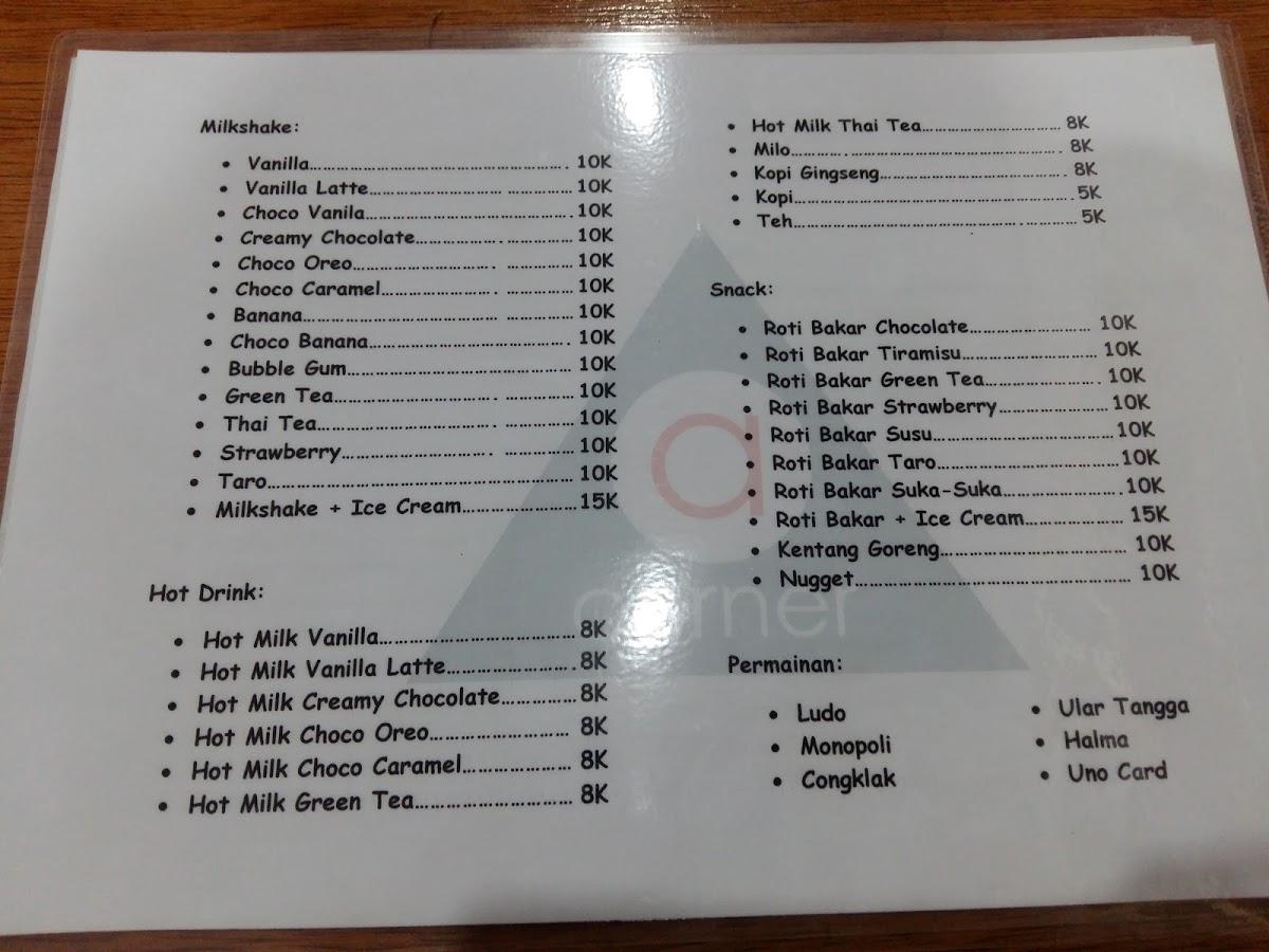 Menu at A Corner Milkshake cafe, Limo Kaum