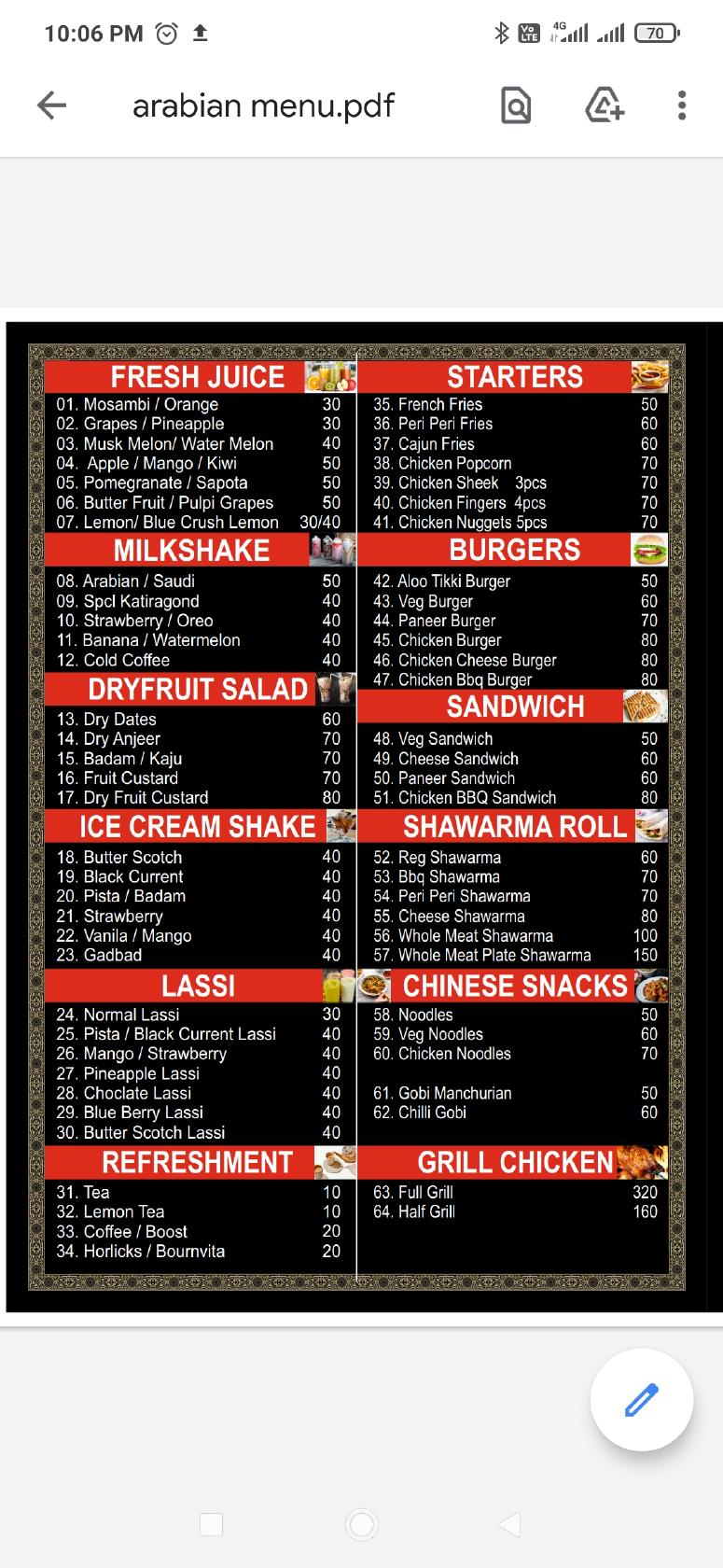 Menu at Arabian cafe, Ramanagara