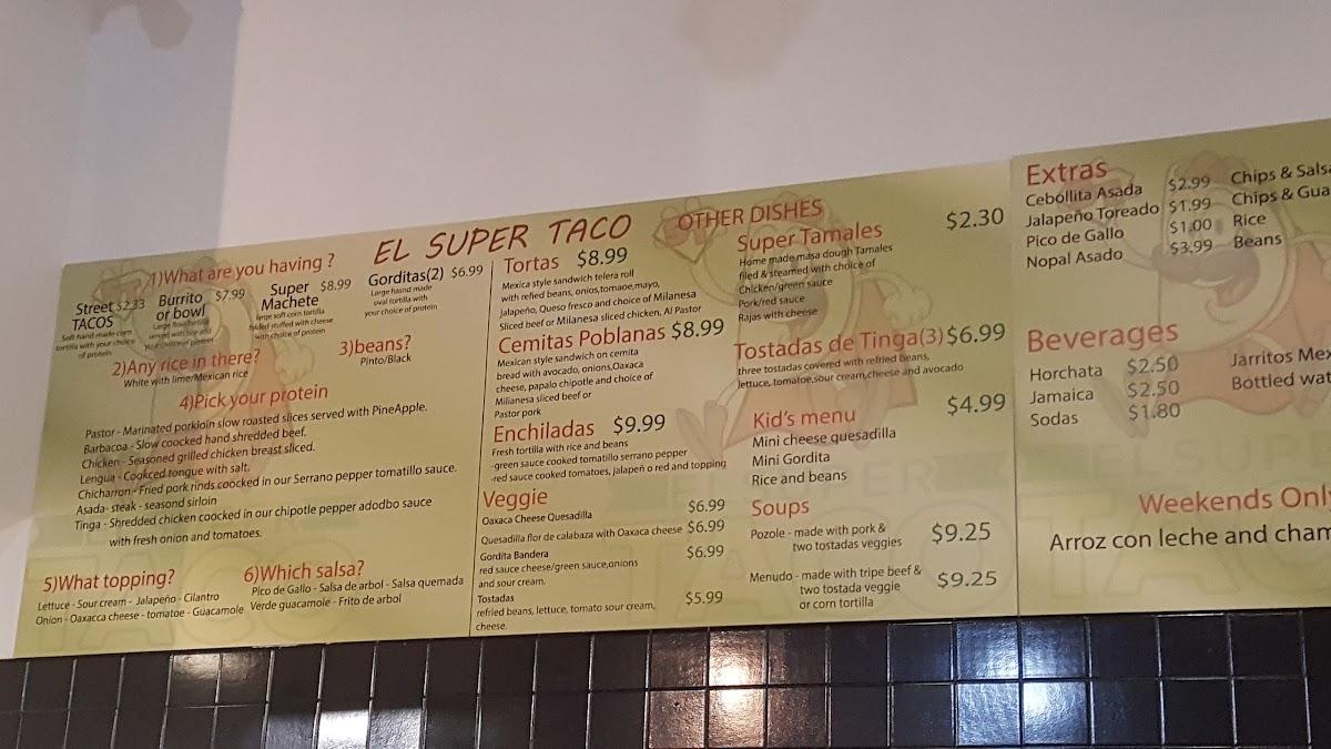 Menu at El Super Taco restaurant, Burnsville