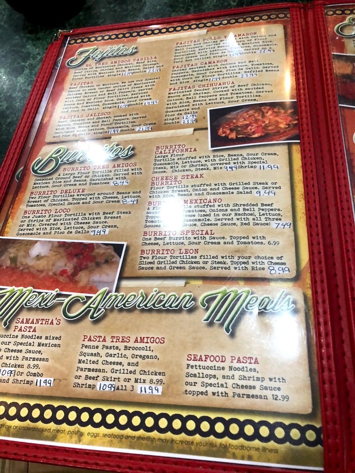 Menu at El Tres Amigos restaurant, Bolivar