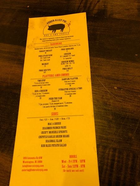Menu at Federalist Pig BBQ, Washington